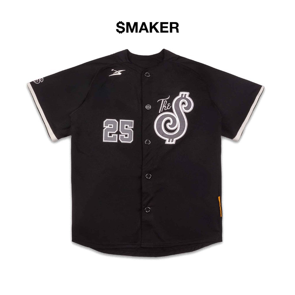 [SMAKER] Black Baseball Collarless Shirt - THE $ BASEBALL JERSEY IN ...