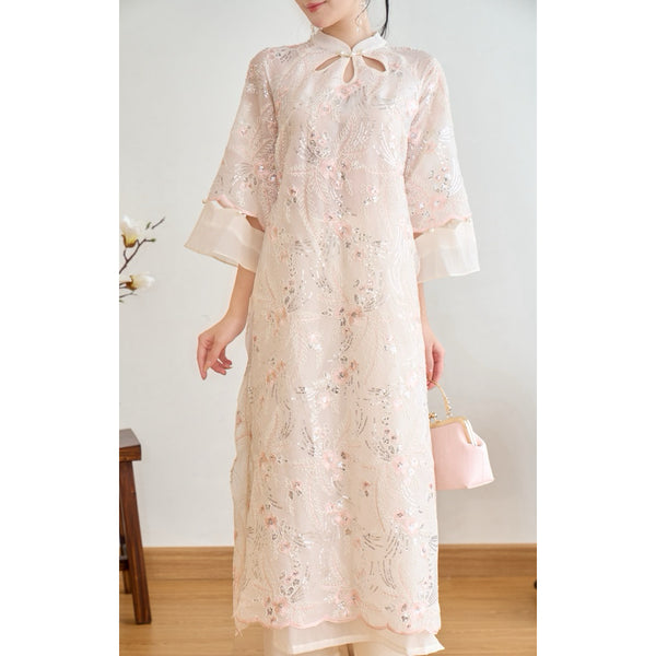 To Tran high-end ao dai set, 4-panel design, straight-cut, silk fabric with sequins – Local ...